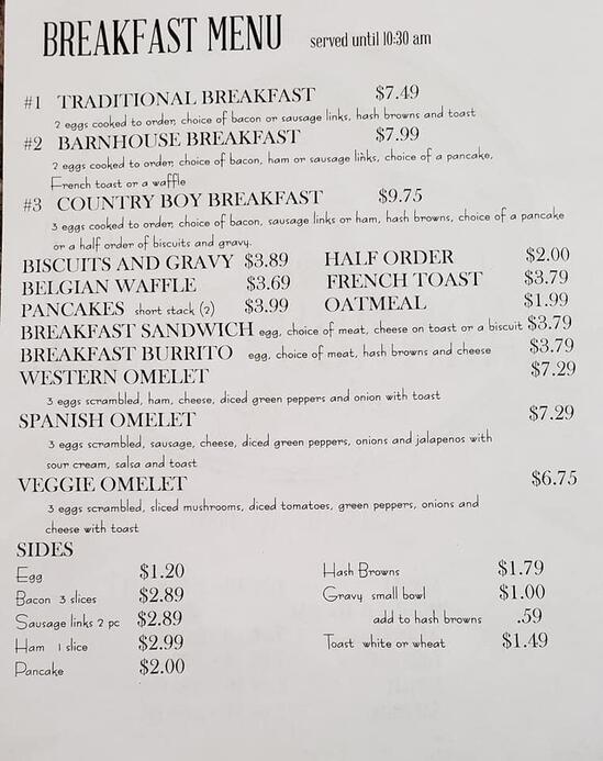 Menu at Barnhouse Cafe, Le Roy