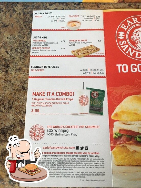 Menu at Earl of Sandwich restaurant, Winnipeg