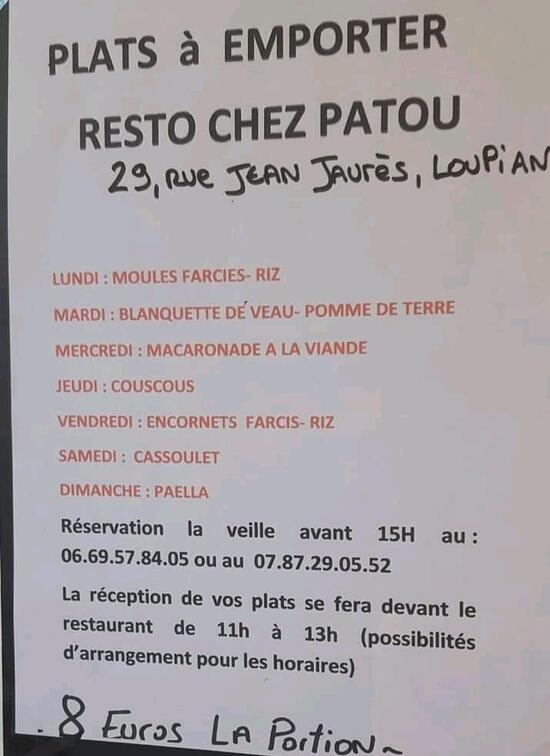 Menu at Chez Patou restaurant, Loupian