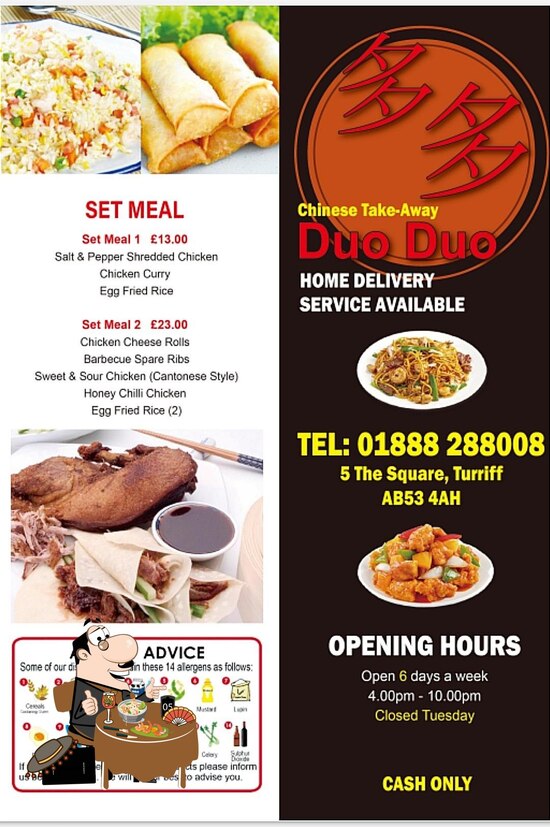 Menu at Duo Duo Chinese, Turriff