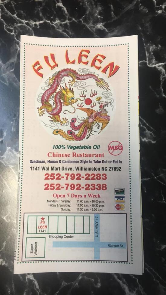 Menu at Fu Leen Restaurant, Williamston