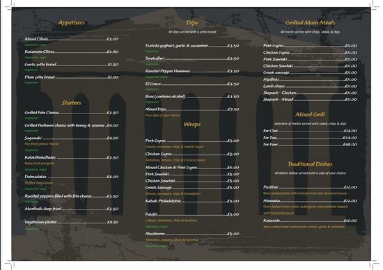 Menu at El Greco restaurant, Sheffield