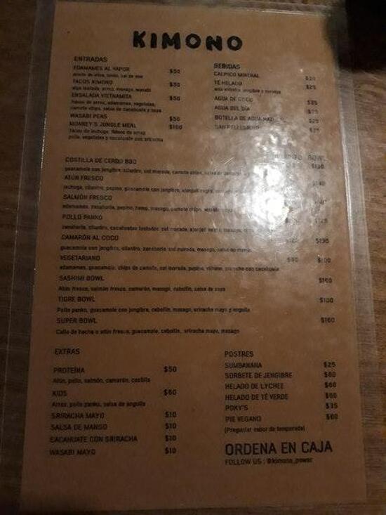 Menu at Kimono Asian Bowls fast food, Guadalajara