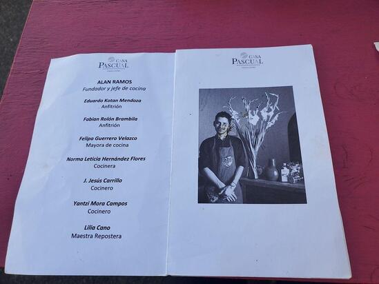 Menu at Casa Pascual restaurant, Comala