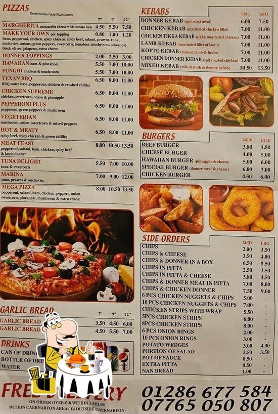 Menu at Caru Kebabs fast food, Caernarfon