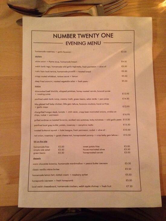 Menu at Number Twenty One restaurant, Machynlleth