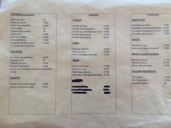 Menu au Chez Dao restaurant, Saint-Jean