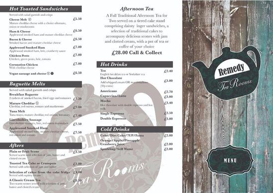 Menu at Remedy tea room restaurant, Hockley