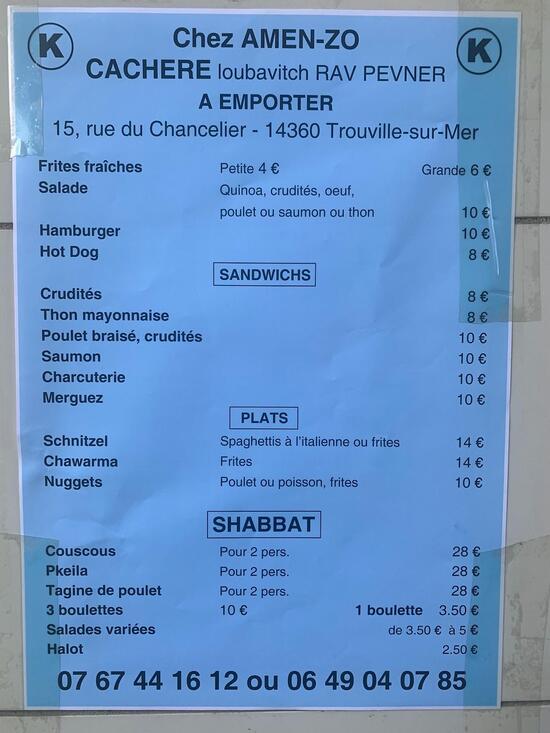 Menu at Chez Amen-zo restaurant cacher, Trouville-sur-Mer