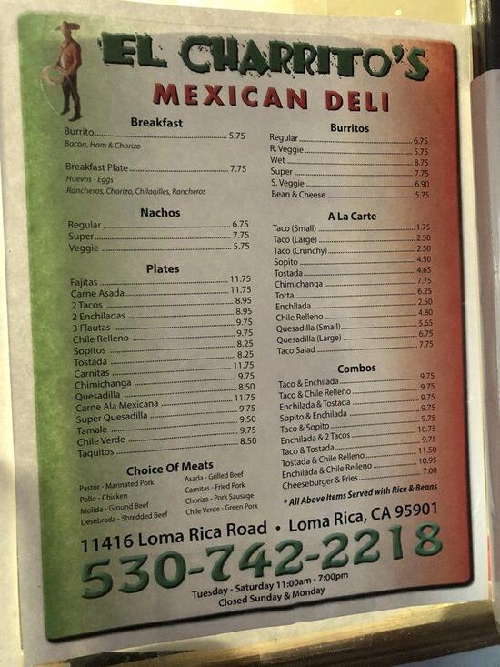 Menu at El Charitos Mexican Deli restaurant, Loma Rica