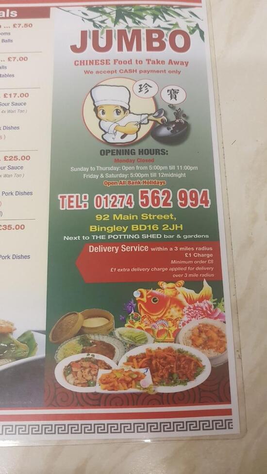 Comida rápida Jumbo Chinese Takeaway, Bingley - Carta del restaurante y ...
