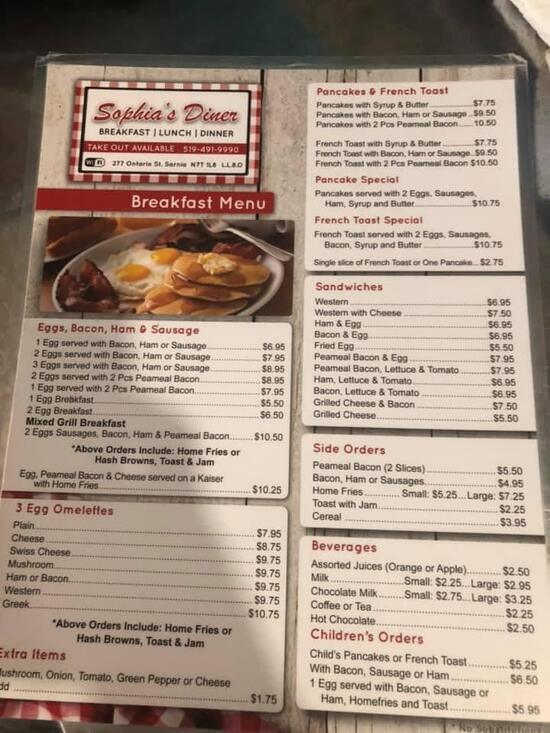 Menu at Sophia's Diner restaurant, Sarnia