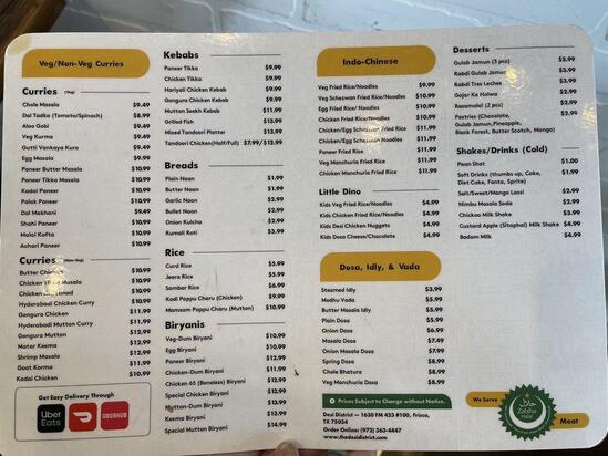 Carta de Desi District Market & Eatery, Frisco
