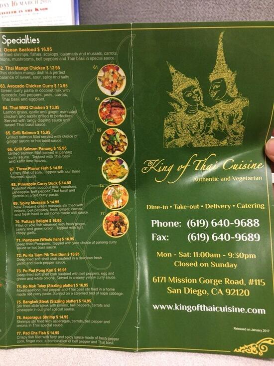 Menu at King Of Thai cuisine restaurant, San Diego