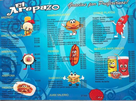 Carta del restaurante El Arepazo, Pitalito