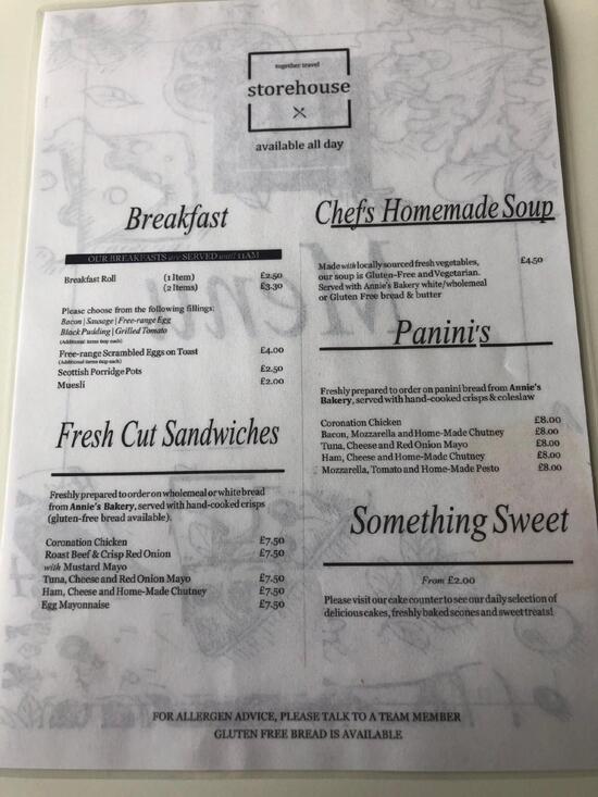 Menu at The Storehouse restaurant, John o' Groats, The Storehouse