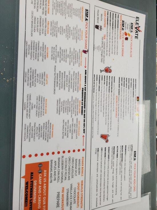 Menu at Elevate Nutrition cafe, Solon