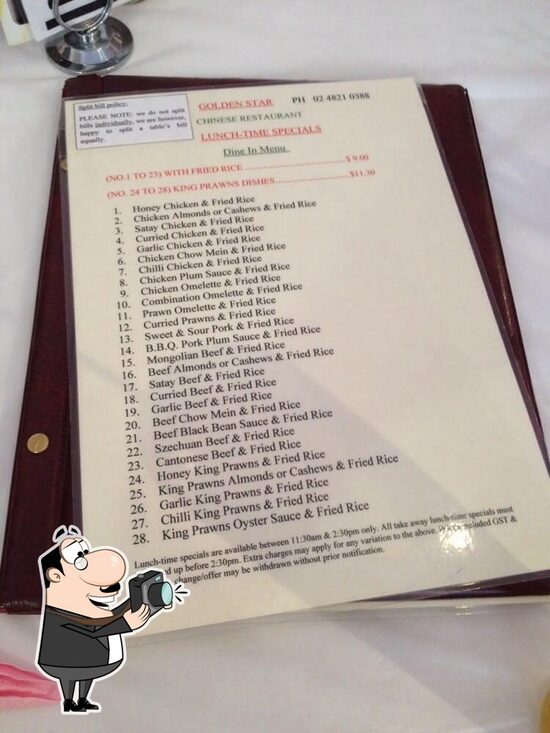 Menu at Golden Star Restaurant, Goulburn