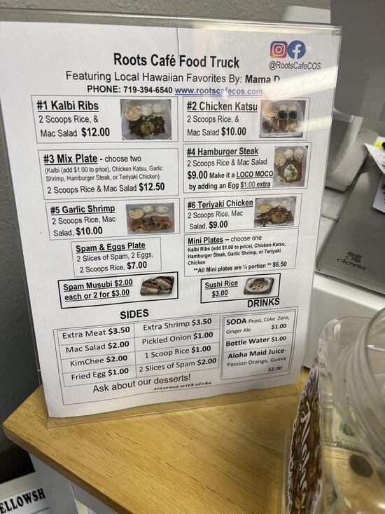 Menu at Roots Cafe, Colorado Springs, S Academy Blvd