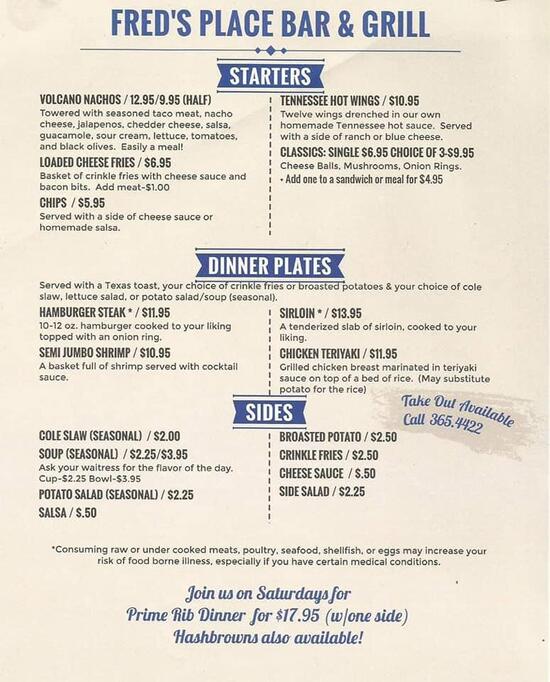 Menu at Fred's Place Bar And Grill, Battle Creek