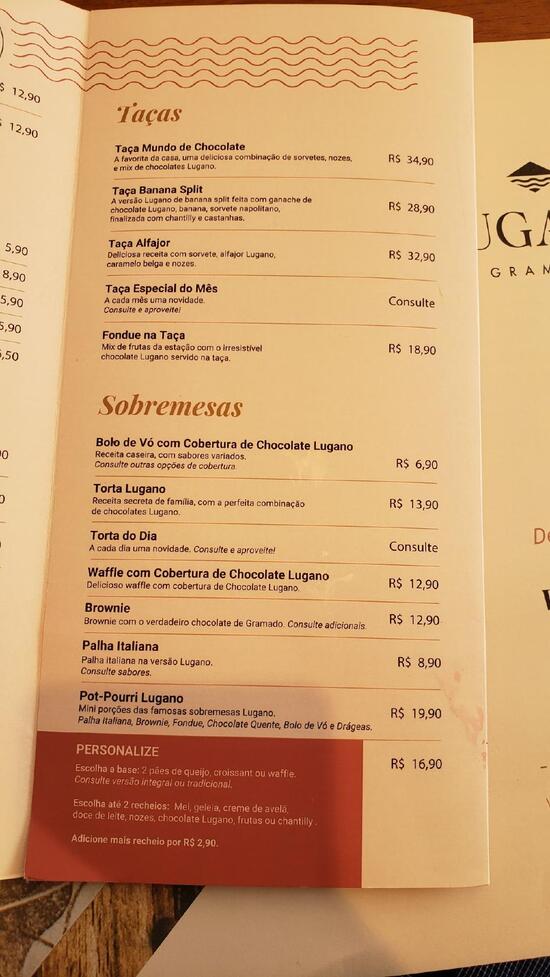 Menu at Lugano Gramado, São Luís