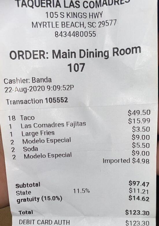 Menu at Taqueria Las Comadres, Myrtle Beach
