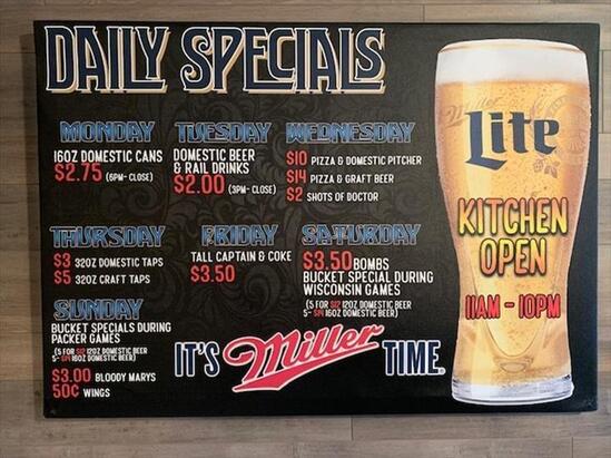 Menu at Stokes' Pub, Janesville