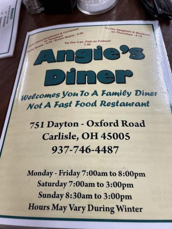 Menu at Angie's Diner restaurant, Franklin