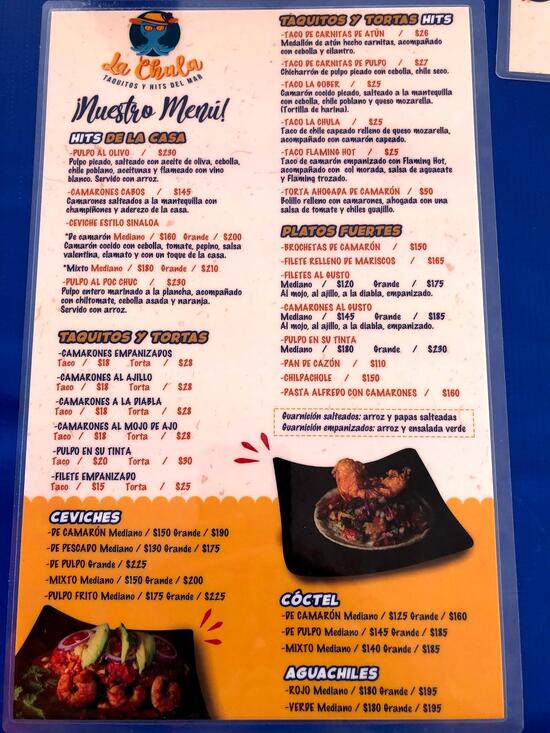 Menu at La chula restaurant, Merida, Av. Alfredo Barrera Vazquez 471