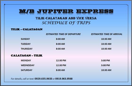 Menu at MB Jupiter Express, Lubang