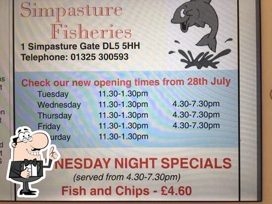 Menu at Simpasture Fisheries restaurant, Newton Aycliffe