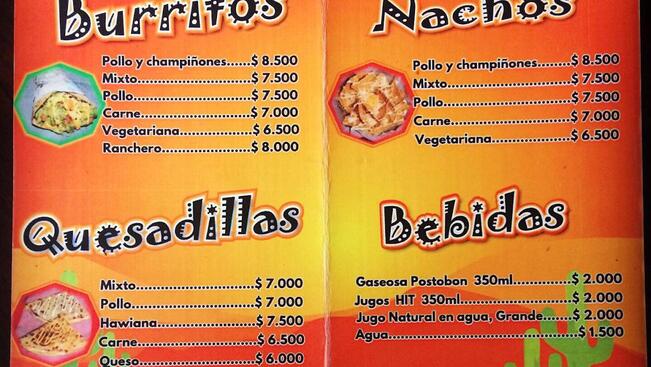 Menu at Mr. Burro restaurant, Pereira