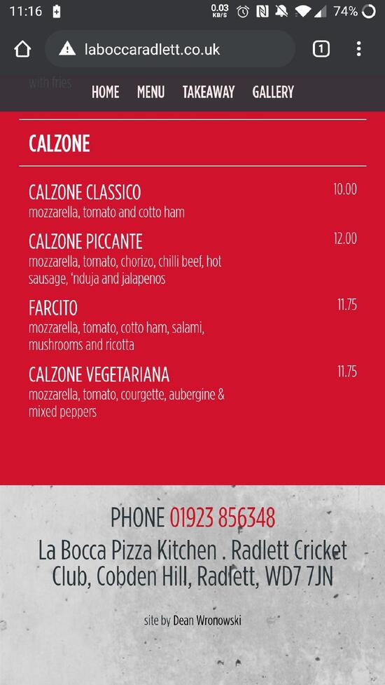 Menu at La Bocca restaurant, Radlett