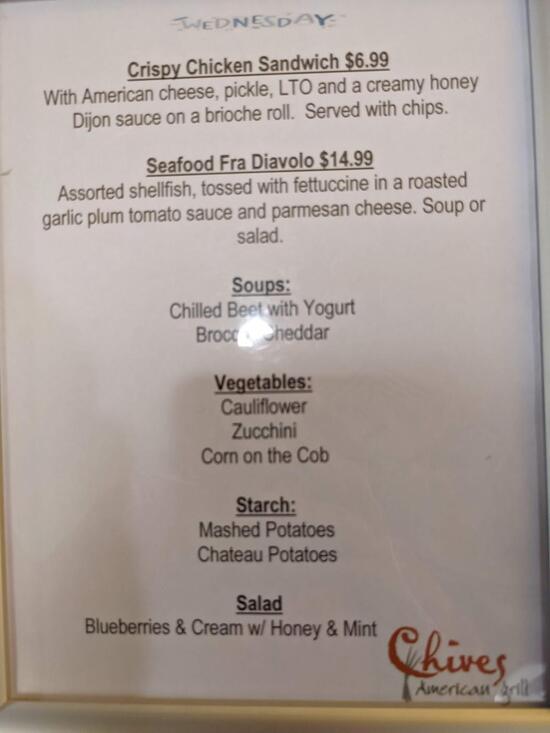 Menu at Chives American Grill restaurant, Lititz