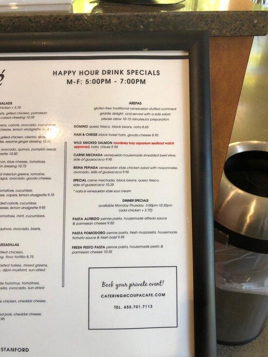 Menu at Coupa Cafe - GSB, Stanford