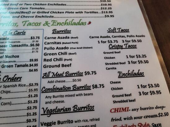 Menu at Casa Rivera's Taco Express restaurant, Oracle