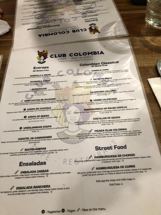 Menu at Club Colombia Restaurant, Melbourne