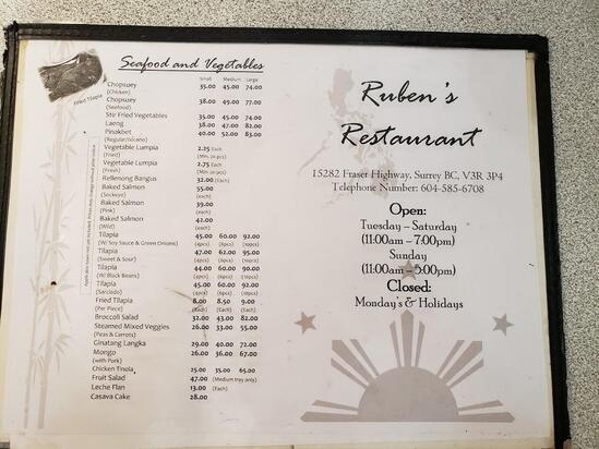 Menu at Ruben's Restaurant, Surrey
