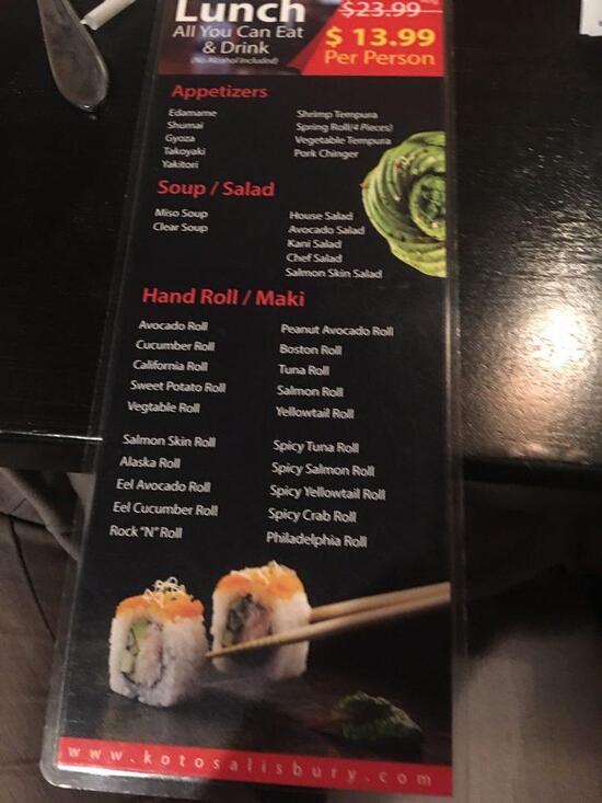 Menu at Koto Japanese Steakhouse, Salisbury