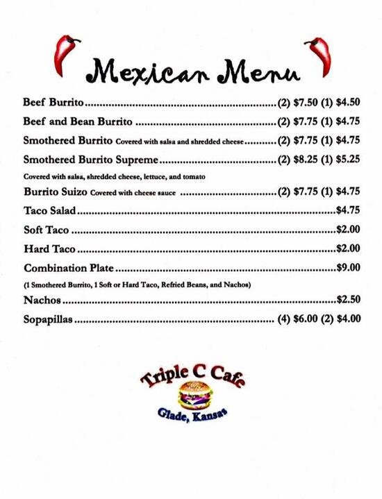 Menu at Triple C Cafe, Glade