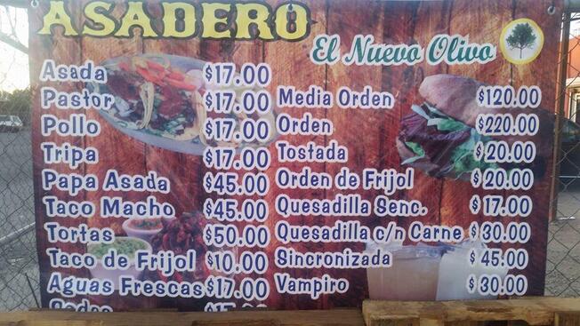 Menu at Asadero El Nuevo Olivo, Mexicali