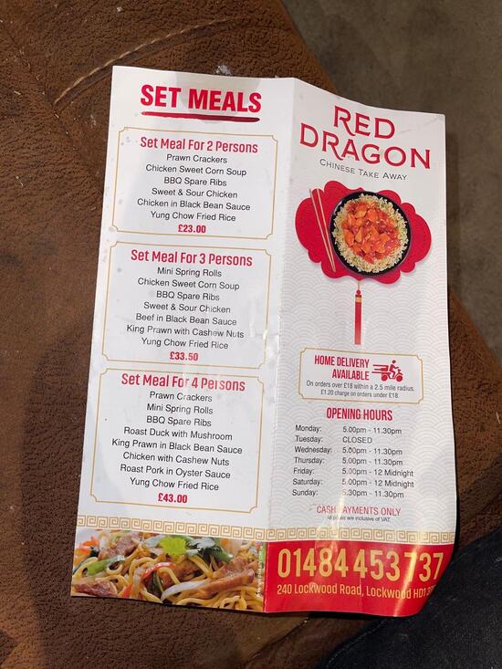 Menu at Red Dragon fast food, Huddersfield