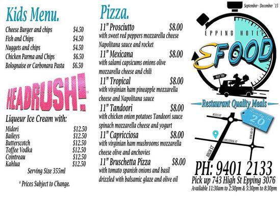Menu at Efood restaurant, Epping