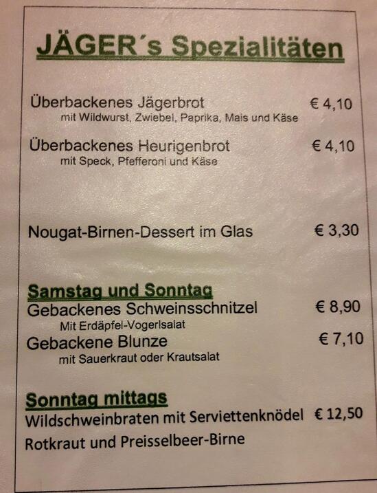 Carta del restaurante Heurigenschenke Josef Jäger, Fischamend