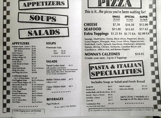 Menu at Nonna's Pizzeria, Racine