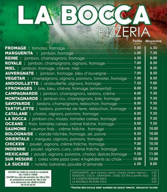 Menu at La Bocca restaurant, Moulins
