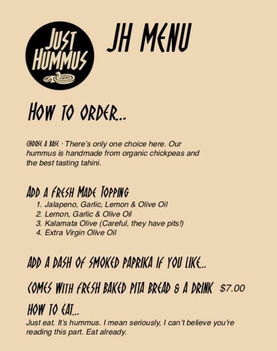 Menu at Just Hummus restaurant, Lemont, 209 Stephen St