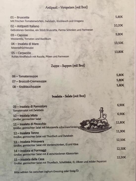 Menu at Pizzeria Pinocchio, Timmendorfer Strand