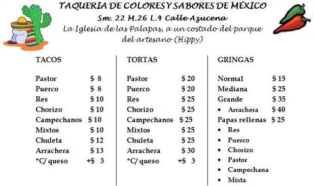 Menu at Taquería de Colores y Sabores de México restaurant, Joaquín ...