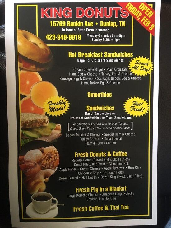 Menu at King Donuts, Dunlap